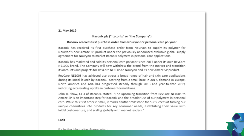 First Purchase Order From Nouryon for Personal Care Polymer