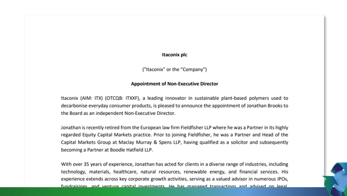 Itaconix plc Appoints Jonathan Brooks to Board of Directors