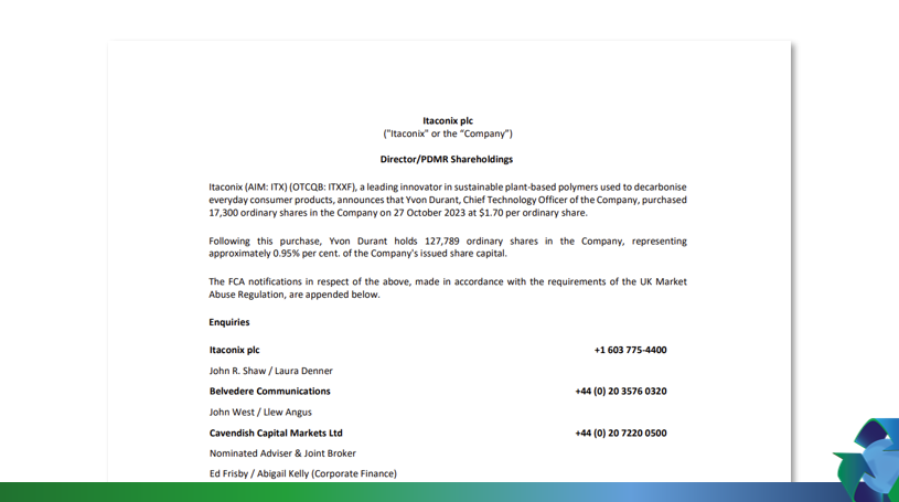 ITACONIX PLC DIRECTOR/PDMR SHAREHOLDINGS ANNOUNCEMENT, YVON DURANT ...