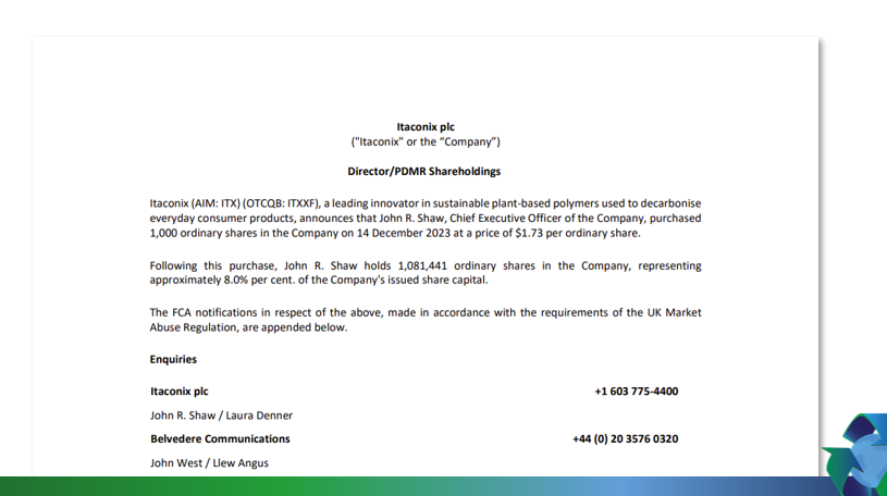 ITACONIX PLC Director/PDMR Shareholdings Announcement, John Shaw ...