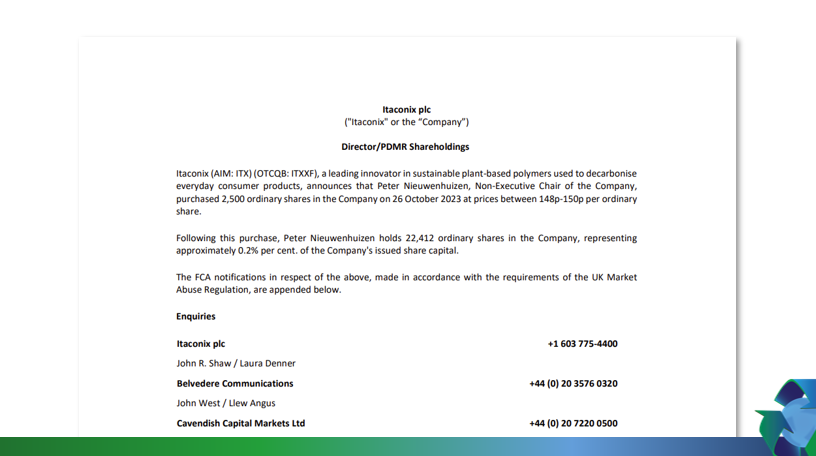 ITACONIX PLC Director/PDMR Shareholdings Announcement, Peter ...
