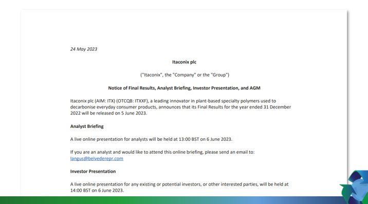 Notice of Final Results, Analyst Briefing, Investor Presentation, and AGM