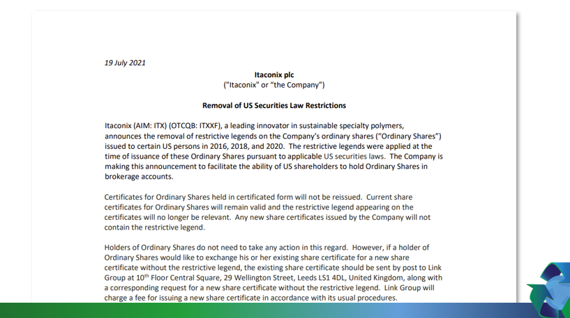 Removal of US Securities Law Restrictions